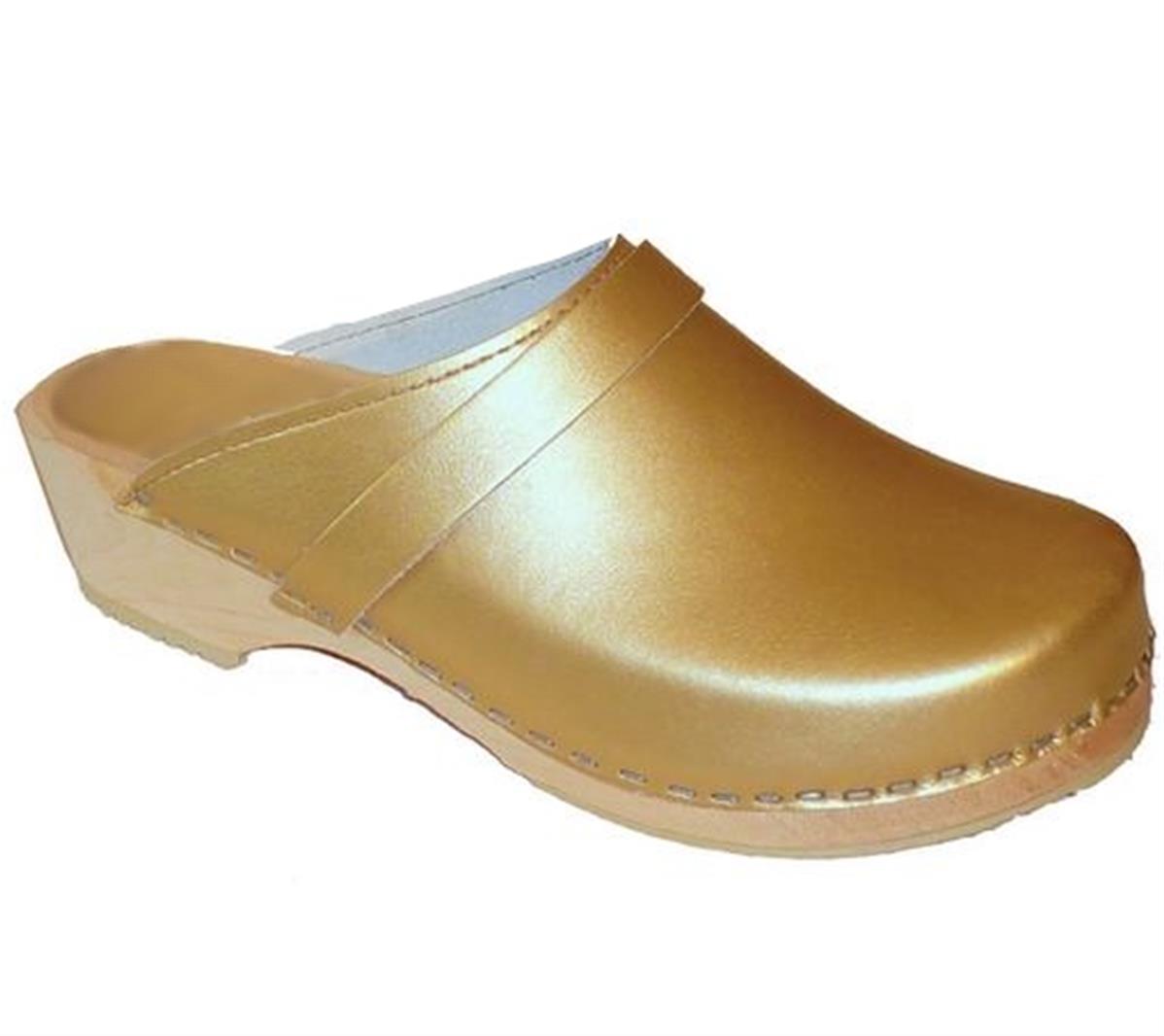 Sabot suédois, cuir métal doré nacré bois de hêtre clair, semelle ...